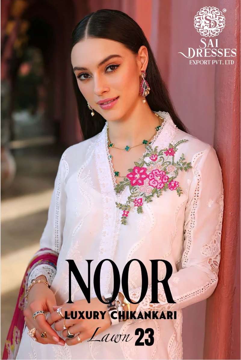 SAI DRESSES PRESENT NOOR LUXURY CHIKANKARI LAWN 23 SEMI STITCHED SELF EMBROIDERED DESIGNER ...