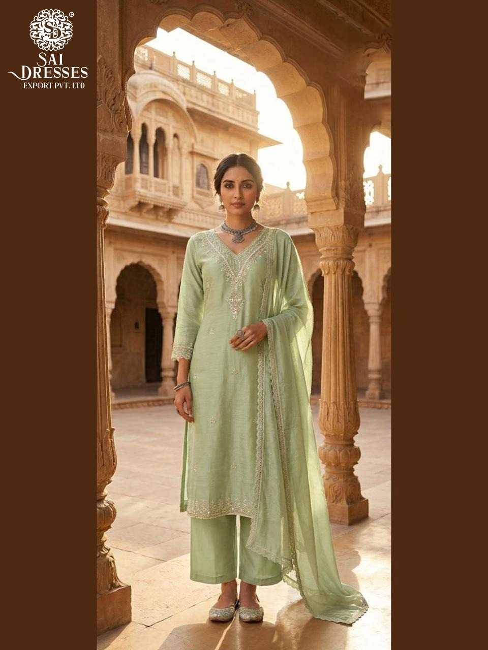 PISTA GREEN CRUNCHY FABRIC HAND WORK DESIGNER LADIES SUIT WITH DUPATTA